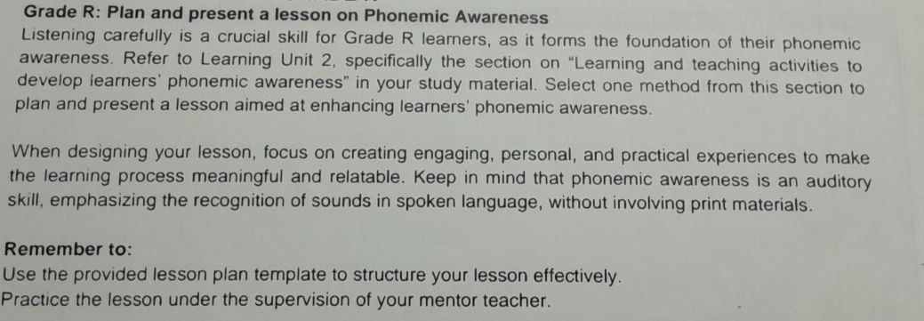 Grade R: Plan and present a lesson on | StudyX