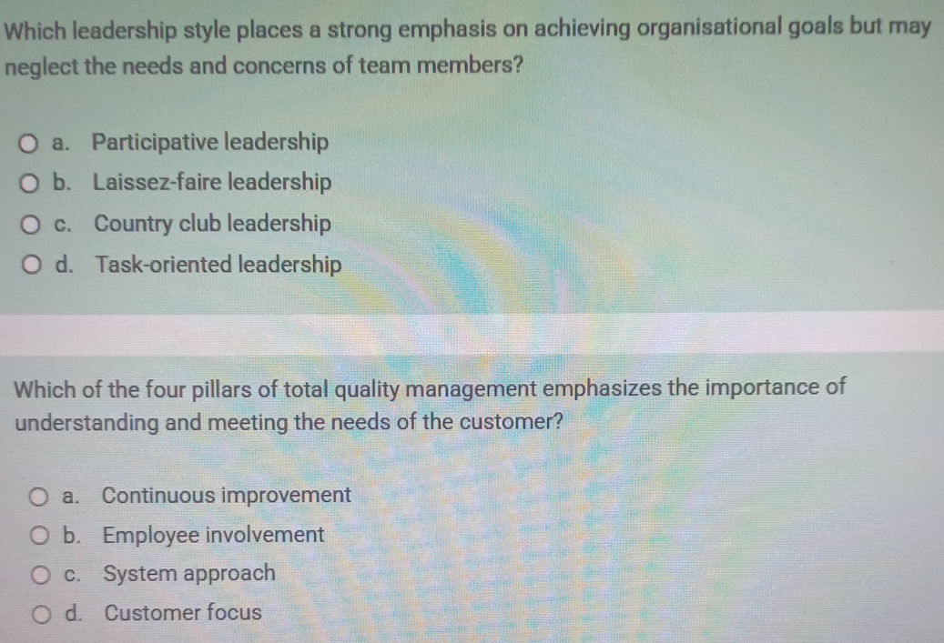 Which leadership style places a strong | StudyX