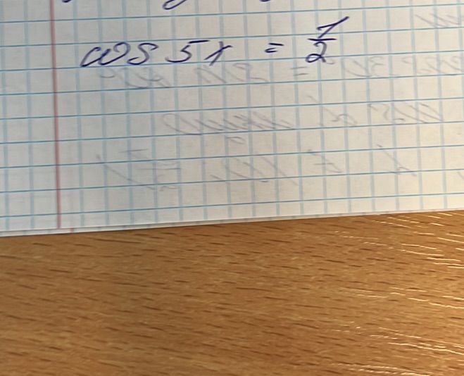 Solving trigonometric equation cos 5x = 1/2 | StudyX