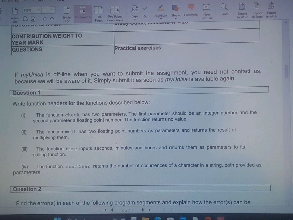 Question 1 Write function headers for the | StudyX