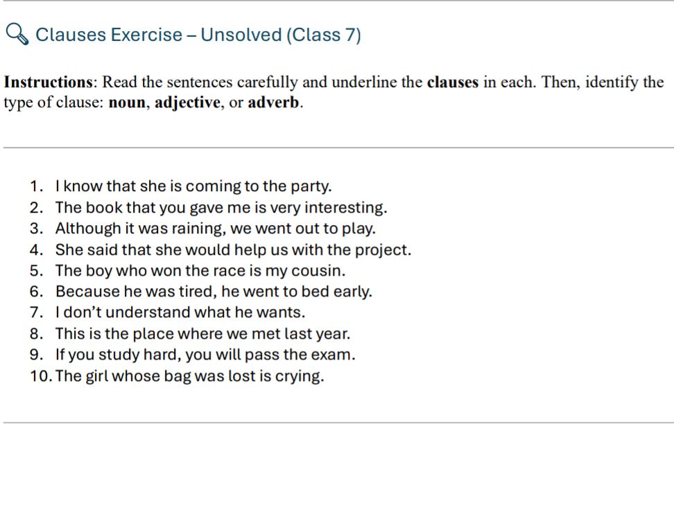 Clauses Exercise - Unsolved (Class 7) | StudyX