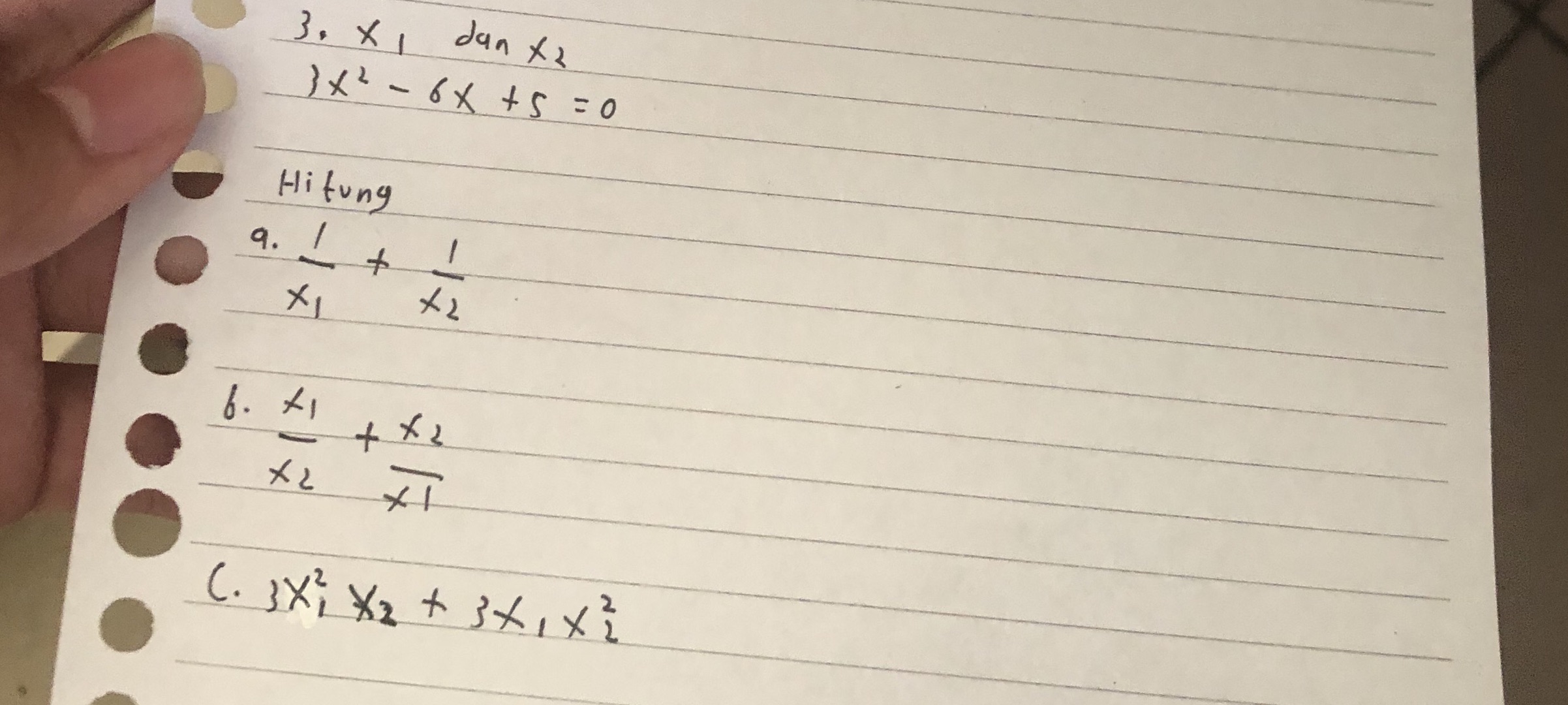 3. $x_1$ dan $x_2$ $3x^2 - 6x + 5 = 0$ | StudyX