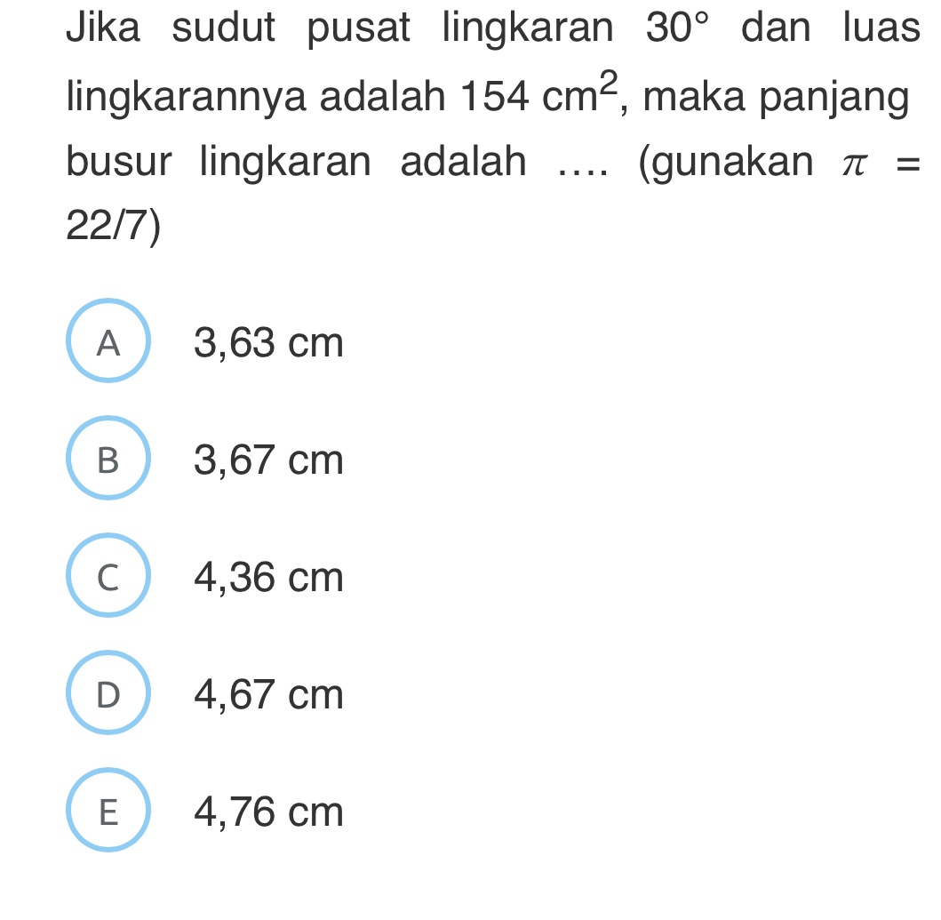 Jika sudut pusat lingkaran 30° dan luas | StudyX