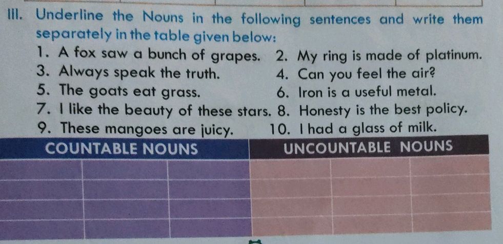 III. Underline the Nouns in the following | StudyX