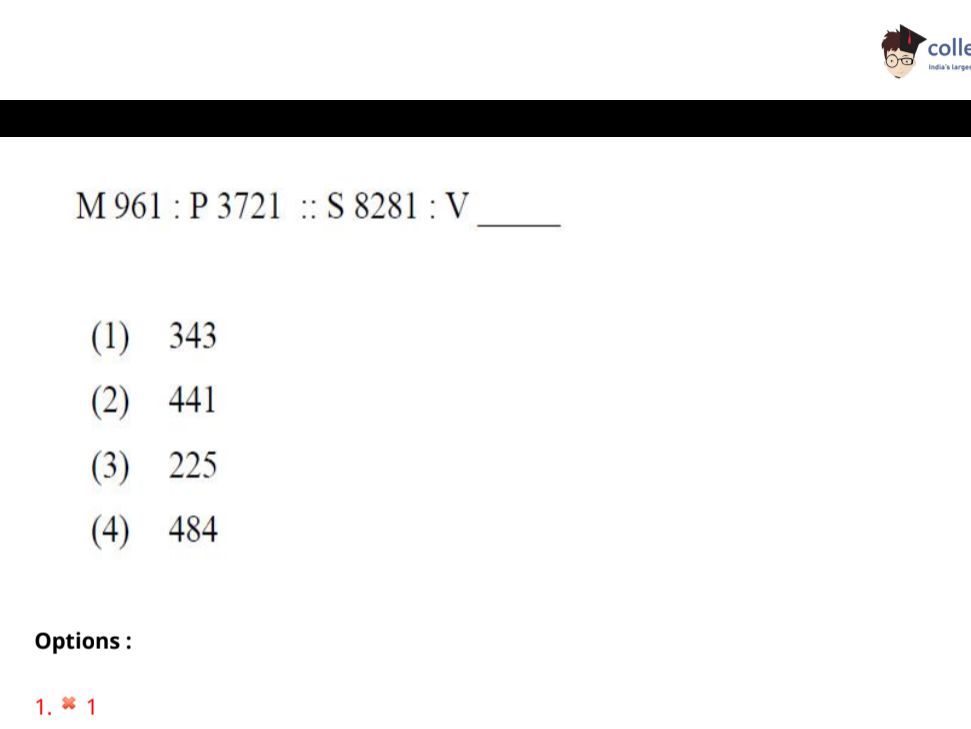 M961: P3721 :: S 8281: V $$ (1) 343 (2) 441 | StudyX
