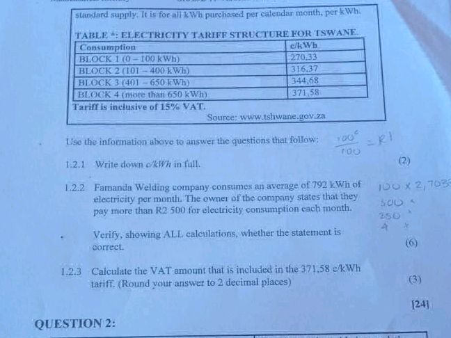 TABLE 4: ELECTRICITY TARIFF STRUCTURE FOR | StudyX