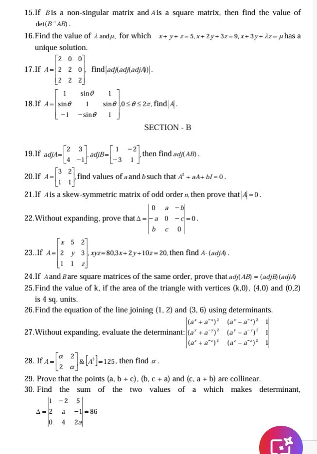 15. If $B$ is a non-singular matrix and $A$ | StudyX