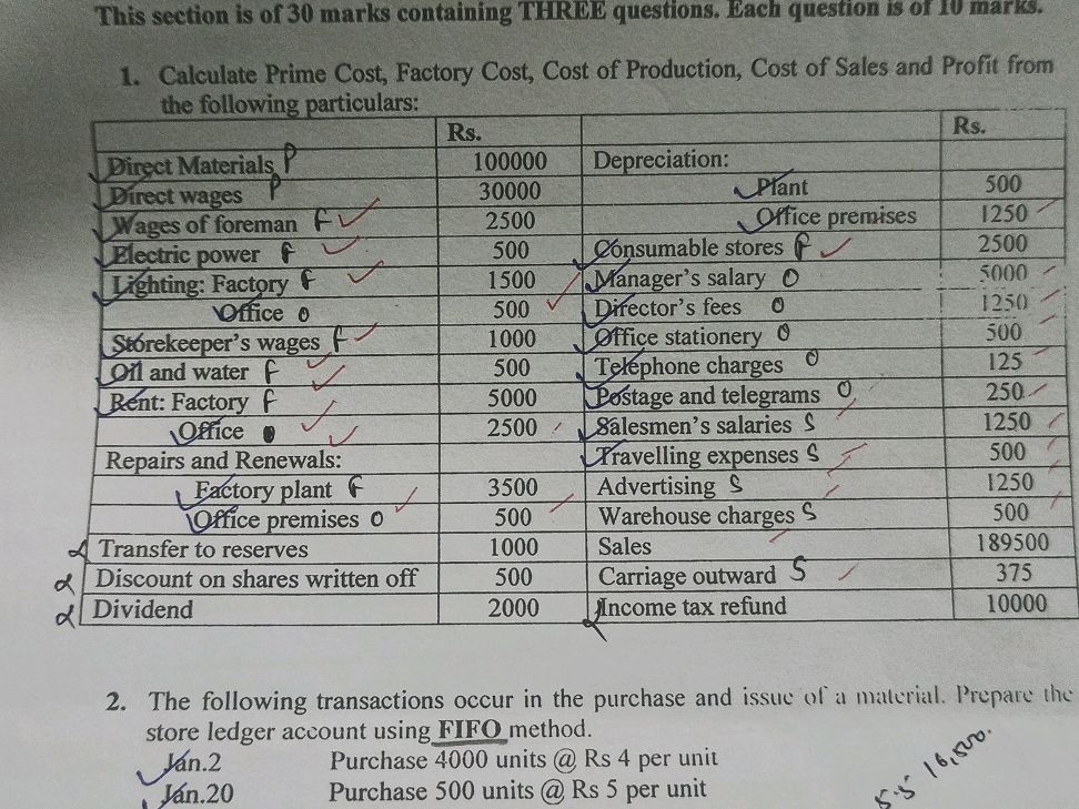1. Calculate Prime Cost, Factory Cost, Cost | StudyX