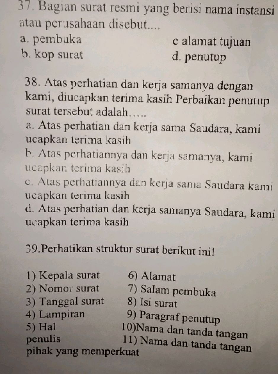 37. Bagian surat resmi yang berisi nama | StudyX