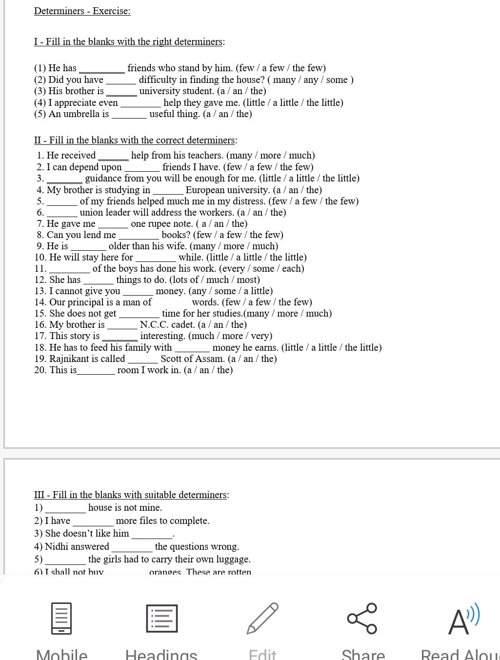Determiners - Exercise: I - Fill in the | StudyX