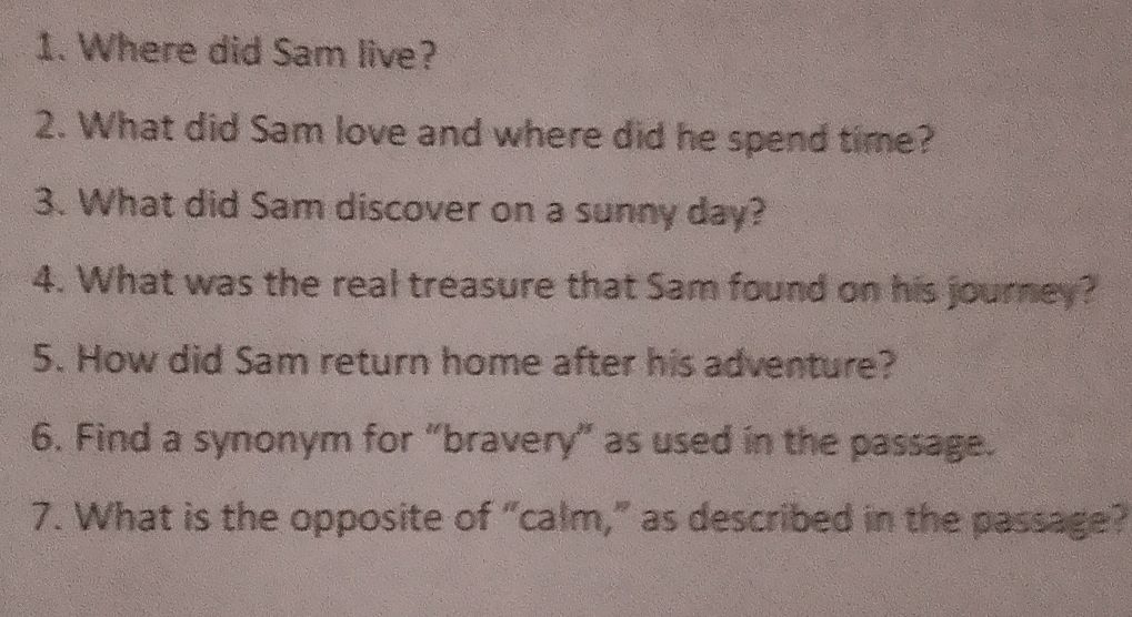 1. Where did Sam live? 2. What did Sam love | StudyX