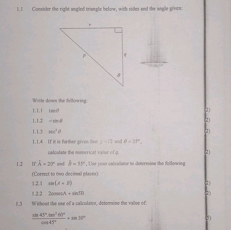 1.1 Consider the right angled triangle | StudyX