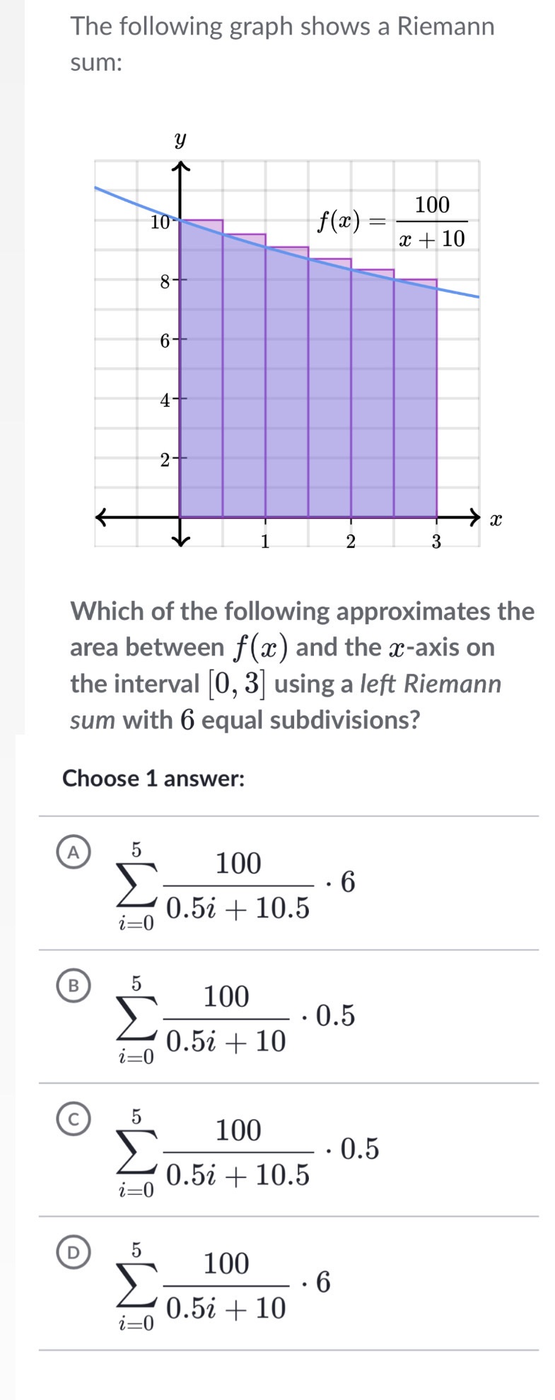The following graph shows a Riemann sum: | StudyX