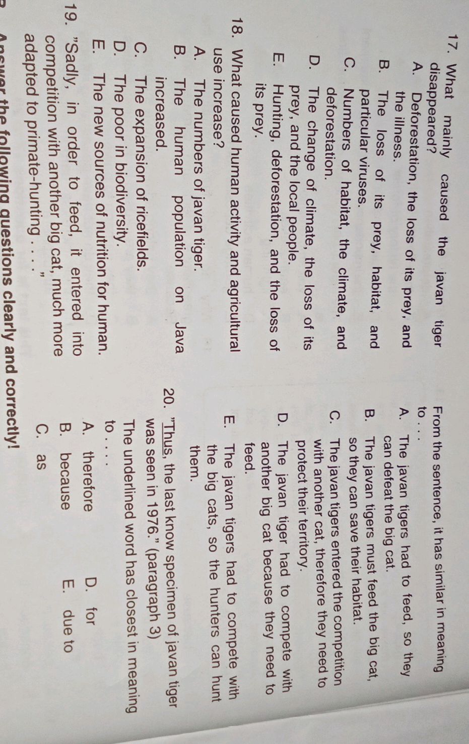 17. What mainly caused the javan tiger | StudyX