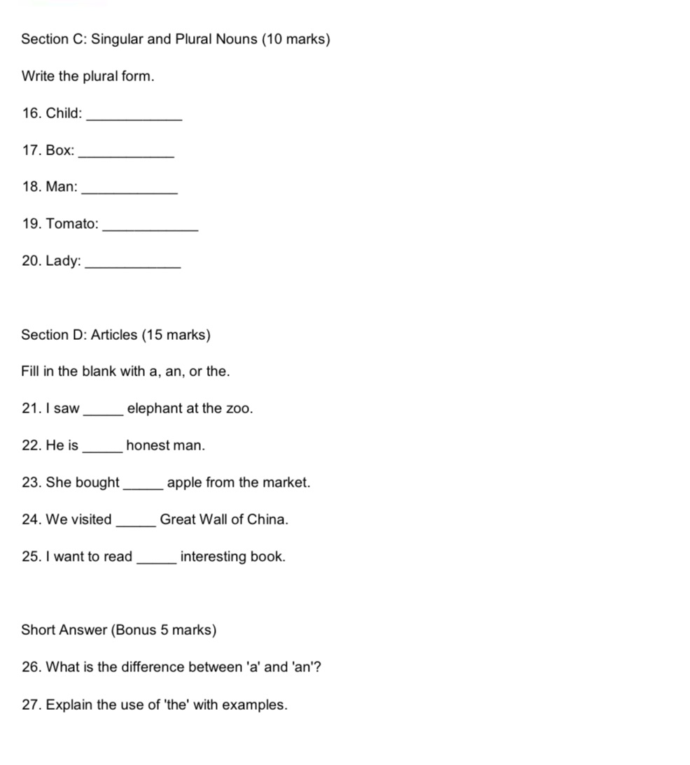 Section C: Singular and Plural Nouns (10 | StudyX