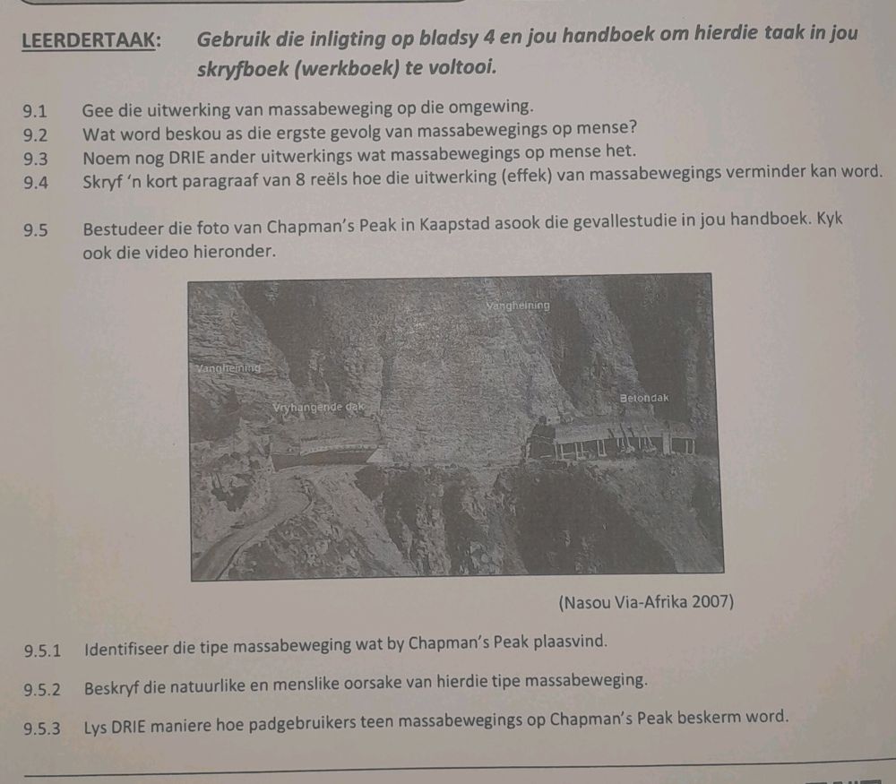 9.1 Gee die uitwerking van massabeweging op
