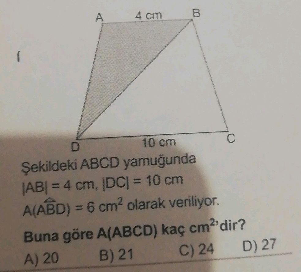 Şekildeki ABCD yamuğunda |AB| = 4 cm, |DC| = | StudyX