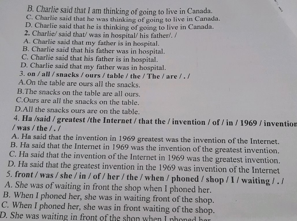 2. Charlie/ said that/ was in hospital/ his | StudyX