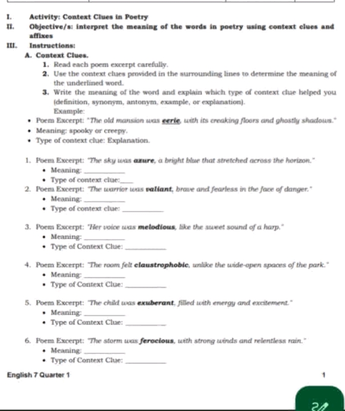 1 Activity Context Clues in Poetry 15 | StudyX