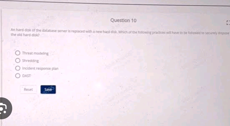 Question 10 An hard disk of the database | StudyX