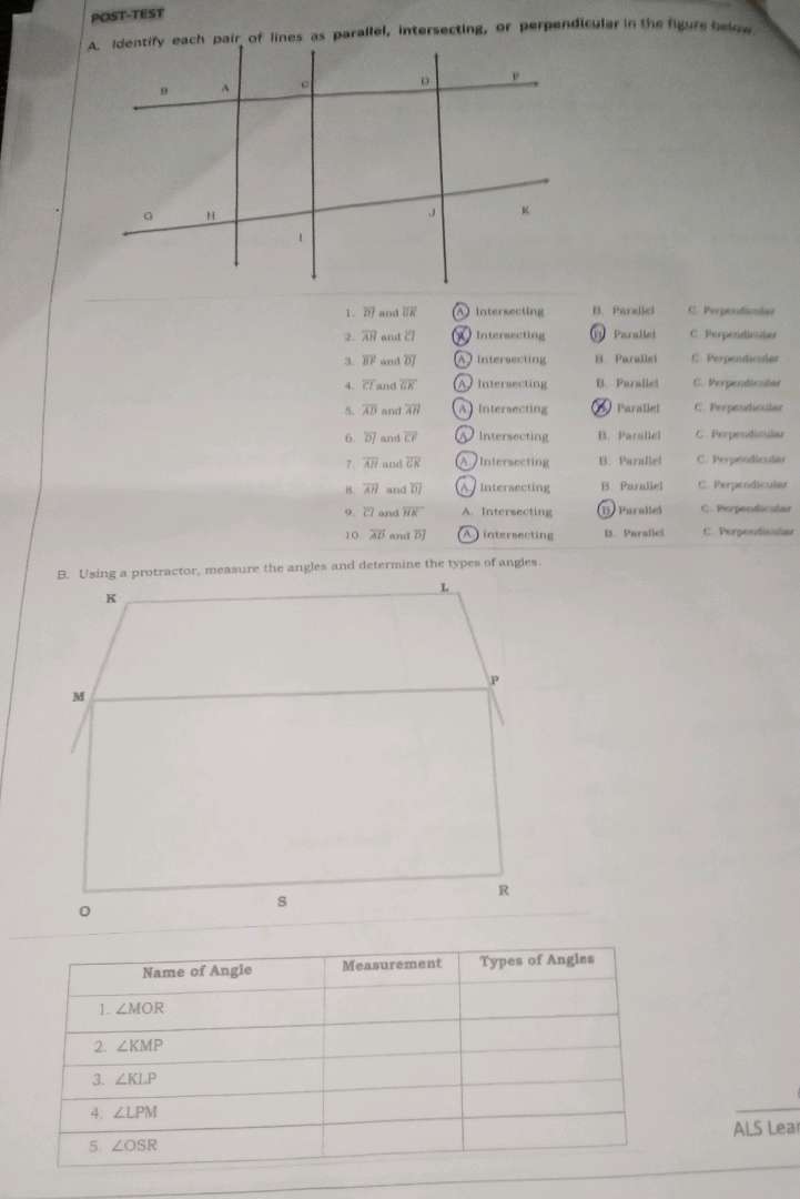 post-test A Identify each pair of lines as | StudyX