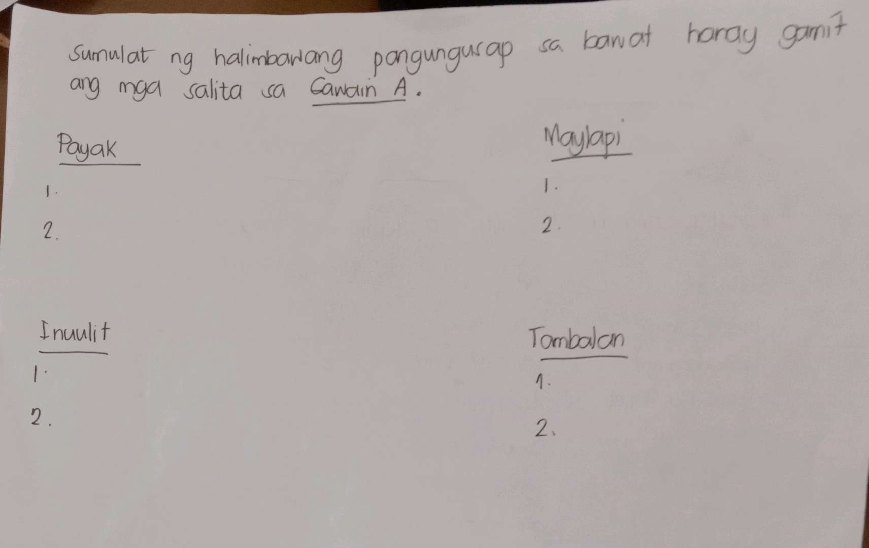 sumulat ing halimbawang pangungusap sa bawat | StudyX