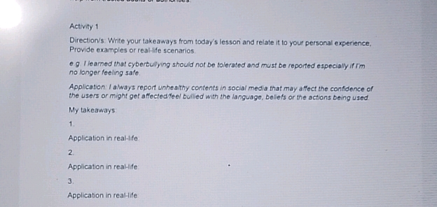 Activity 1 Direction/s Write your takeaways | StudyX