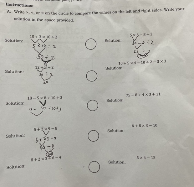 Instructions A Write or = on the circle to | StudyX