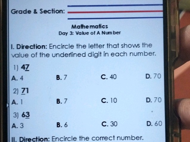 Grade Section Mathematics Day 3 Value of A | StudyX