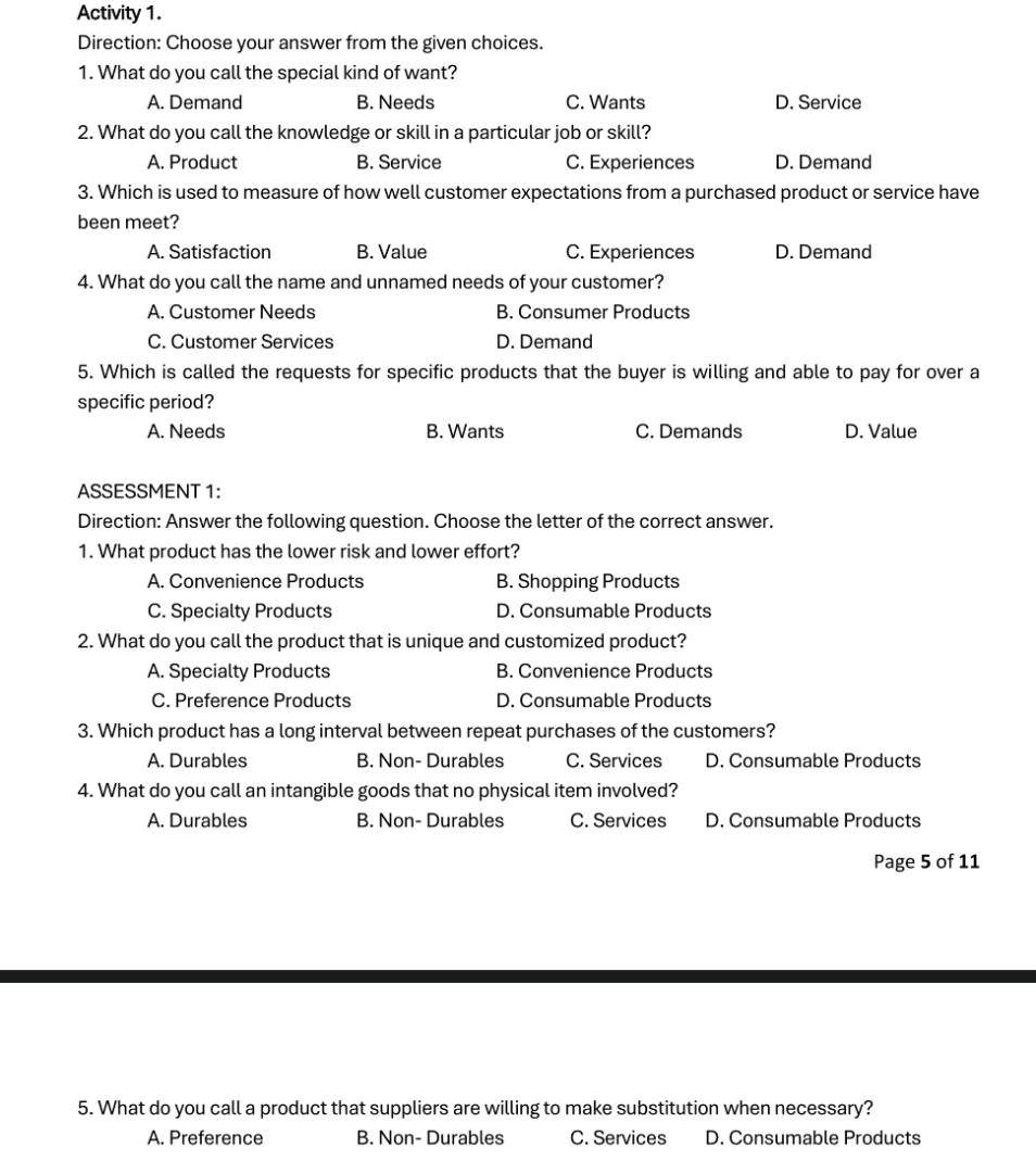 Activity 1 Direction Choose your answer | StudyX