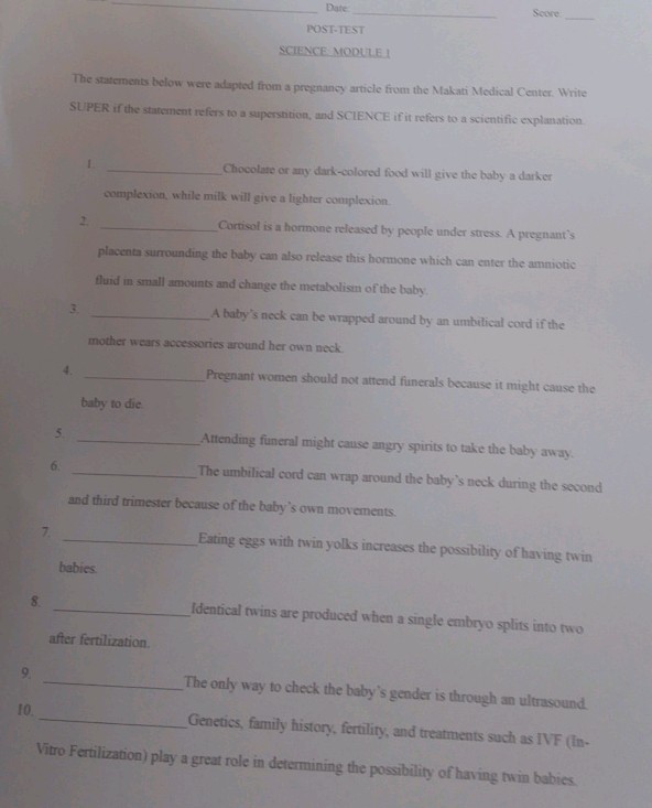 Date Score POST-TEST SCIENCE MODULE 1 The | StudyX