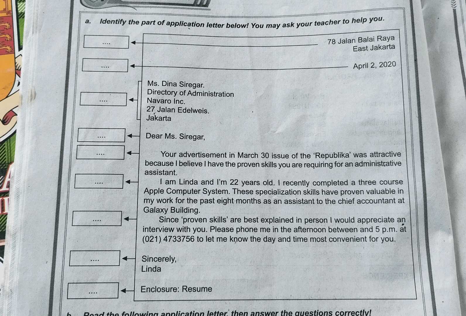 a Identify the part of application letter | StudyX