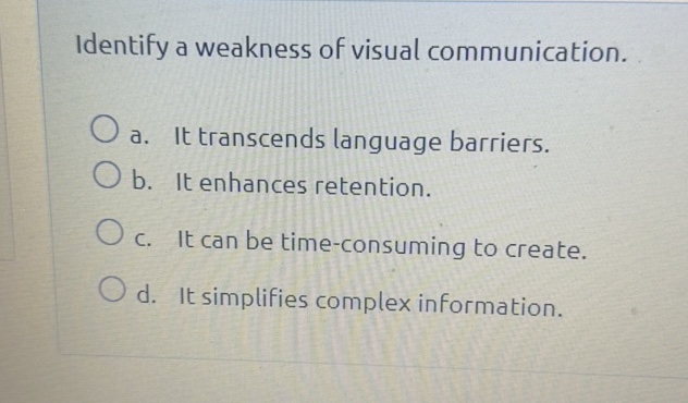 Identify a weakness of visual communication | StudyX