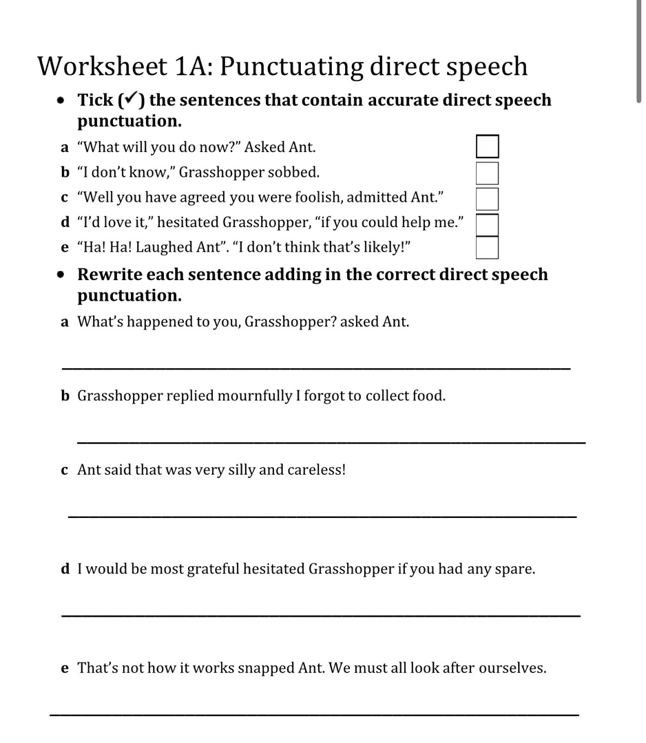 Worksheet 1A Punctuating direct speech - | StudyX