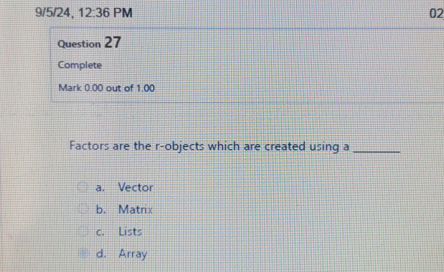 9/5/24 1236 PM Question 27 Complete Mark 000