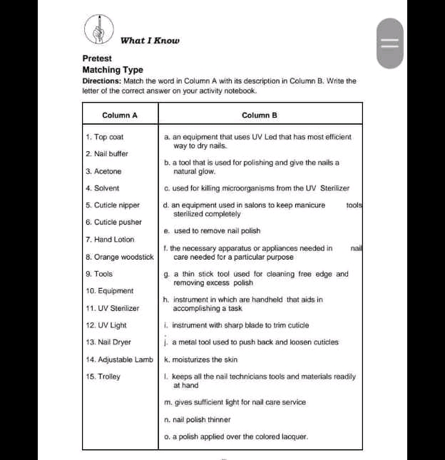 What I Know Pretest Matching Type Directions | StudyX