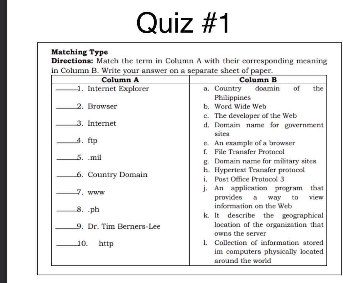 Quiz 1 Matching Type Directions Match the | StudyX