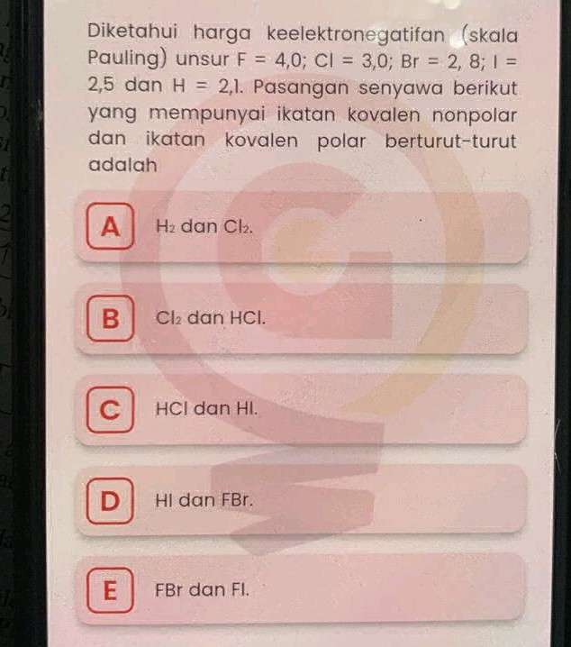 Diketahui harga keelektronegatifan (skala | StudyX