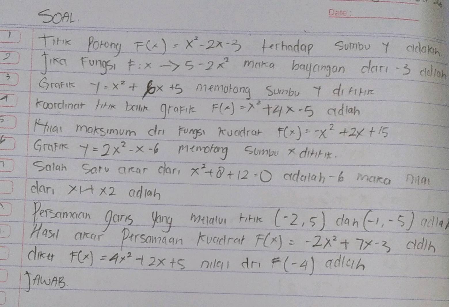 SOAL Date 1 Titik Potong F(x)=x2-2 x-3