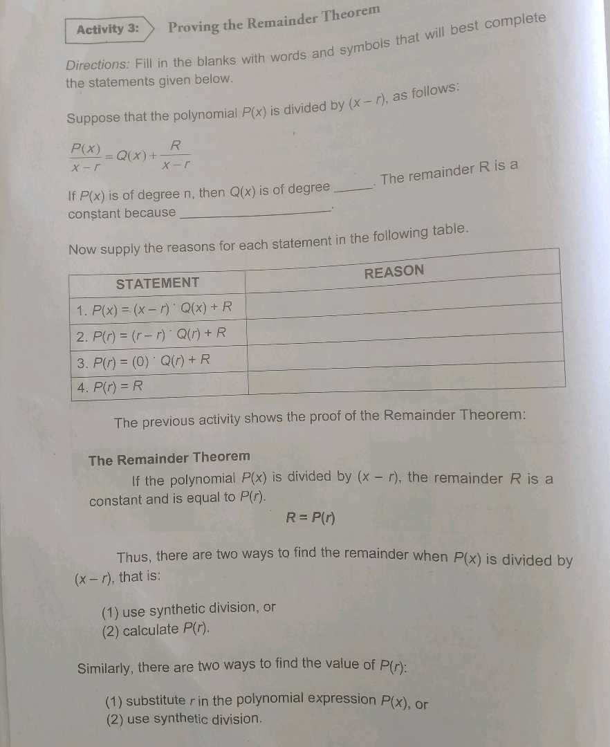 Activity 3 Proving the Remainder Theorem | StudyX