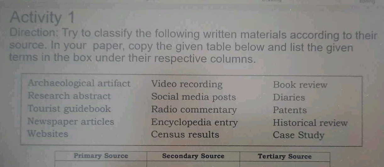 Activity 1 Direction Try to classify the | StudyX