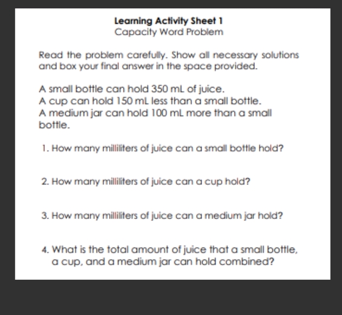 Learning Activity Sheet 1 Capacity Word | StudyX