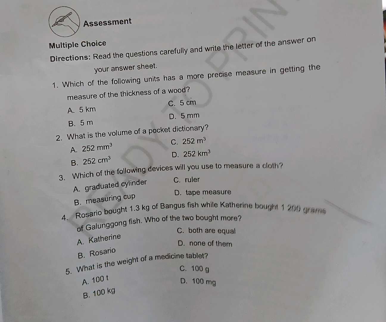 Assessment Multiple Choice Directions Read | StudyX
