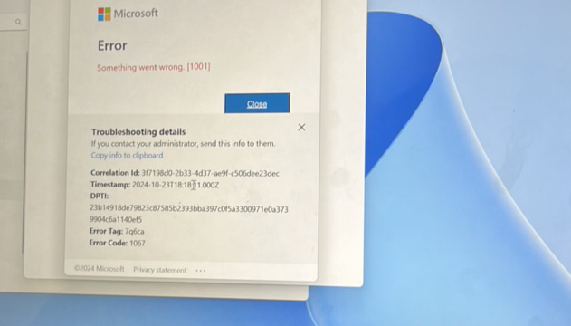 Microsoft Error Something went wrong 1001 | StudyX