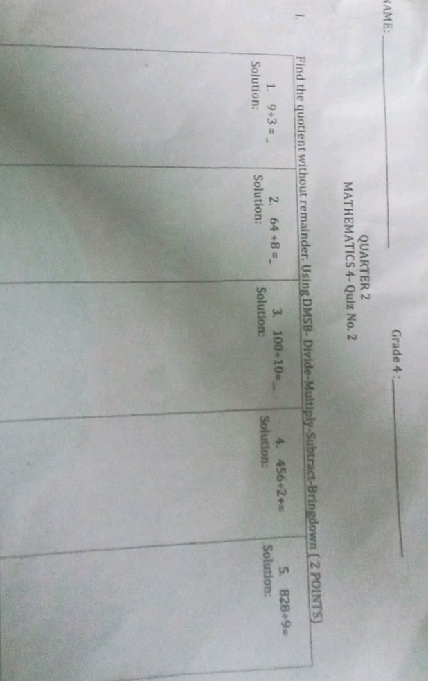 NAME Grade 4 QUARTER 2 MATHEMATICS 4-Quiz | StudyX