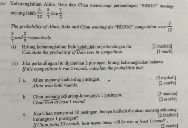 (c) Kebarangkalian Alina Bala dan Chan | StudyX