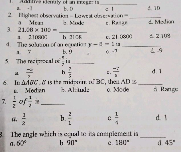 Additive identity of an integer is c 1 d 10 | StudyX