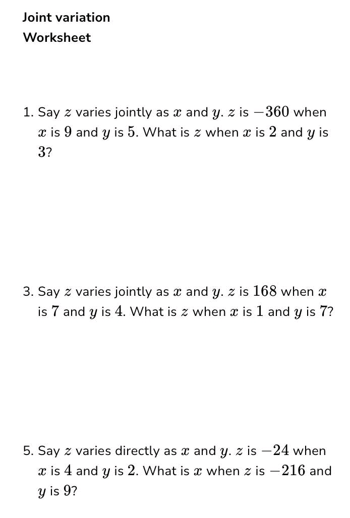 Joint variation Worksheet 1 Say z varies | StudyX