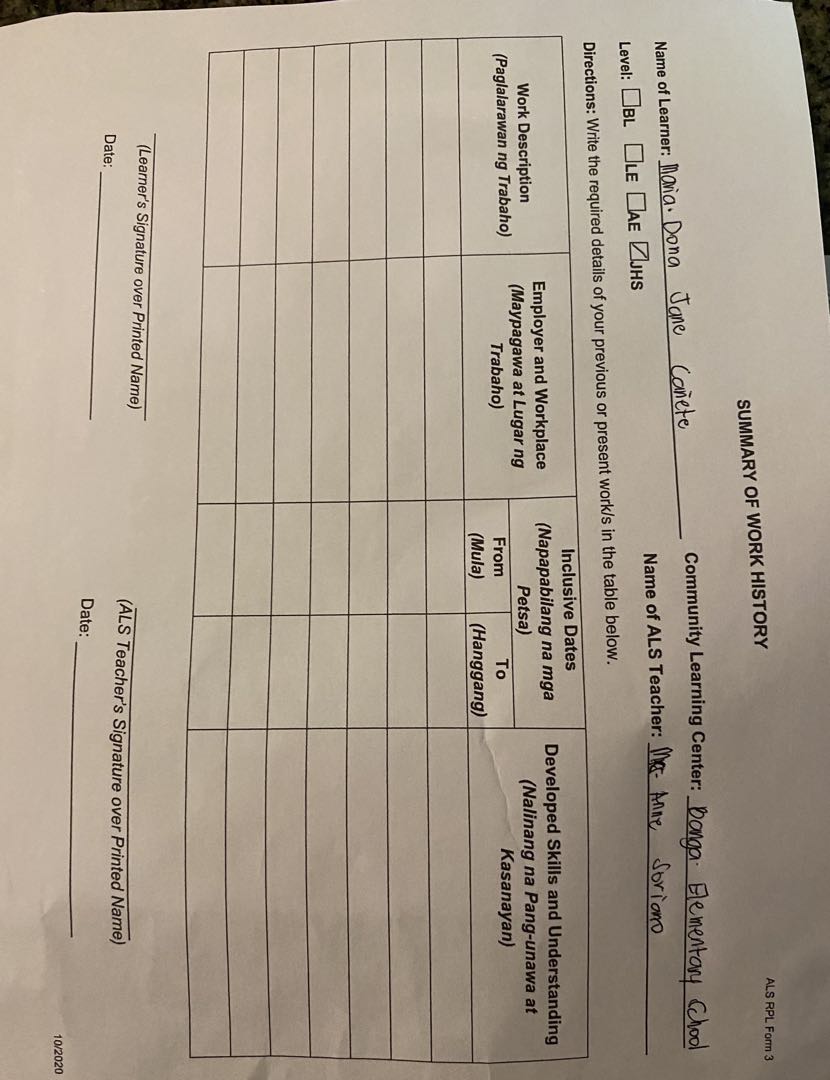 SUMMARY OF WORK HISTORY ALS RPL Form 3 Name | StudyX