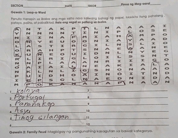 SECTION DATE Gawain 1 Loop-a-Word Panuto | StudyX